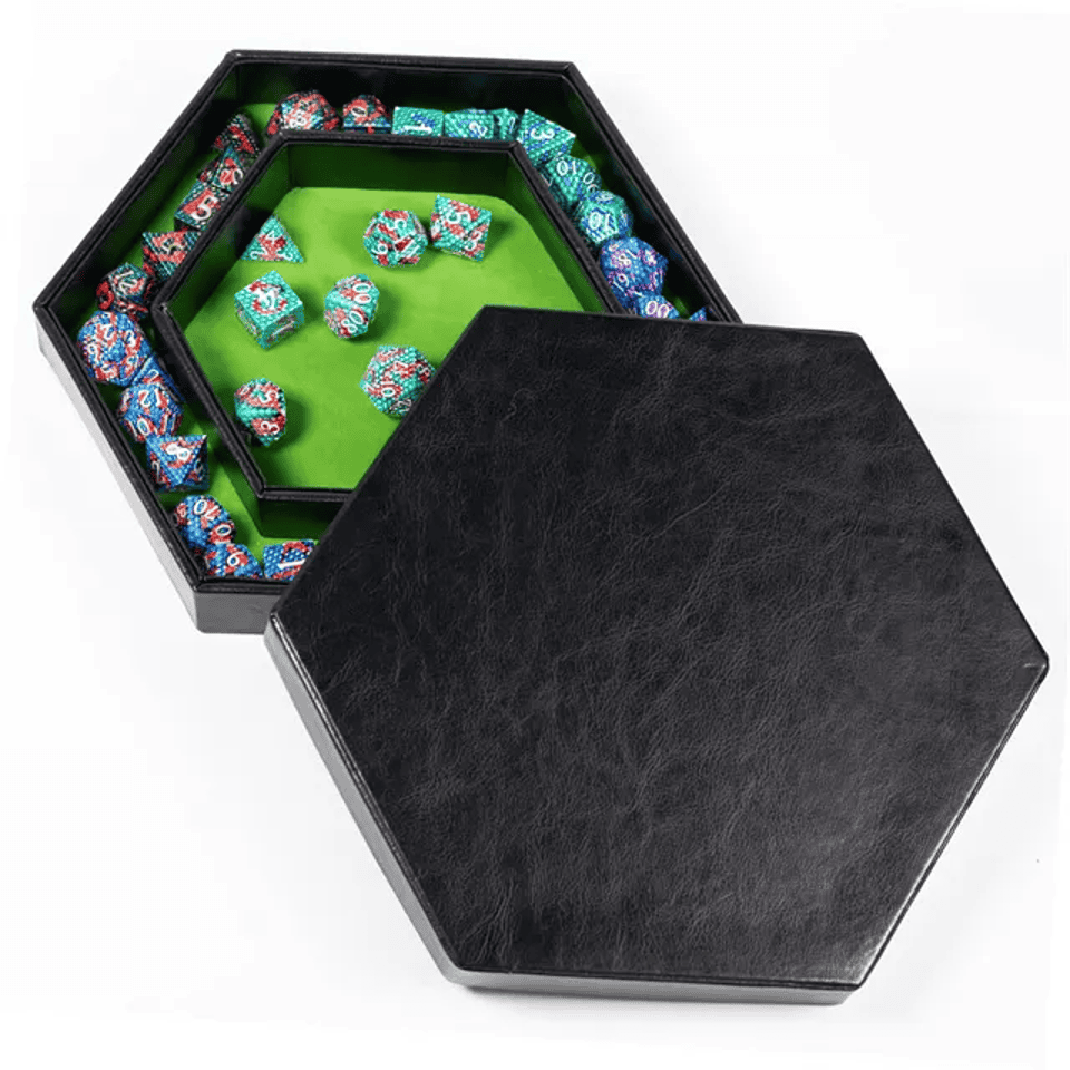 Hexagonal Dice Tray & Storage - Green Felt
